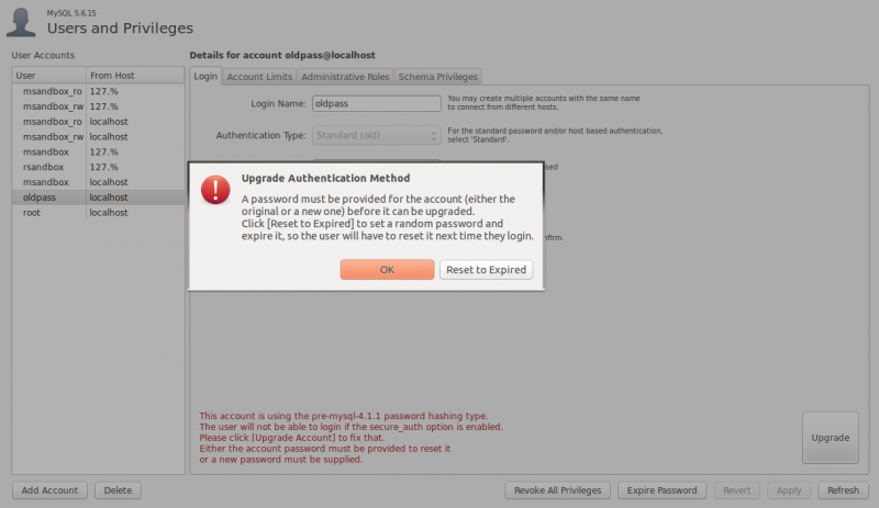 MySQL :: MySQL Workbench 6.1: Updating accounts using the old (pre-4.1. ...
